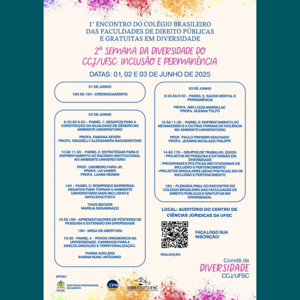 Inscrições abertas para a 2ª Semana da Diversidade do CCJ/UFSC - Conpedi